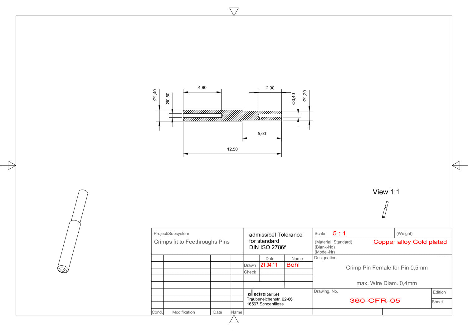 CRIMP FEMALE PINS, 0.5mm MAX ID, GOLD PLATED COPPER ALLOY, PACK OF 10 ...