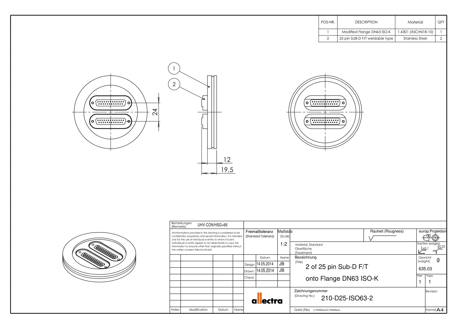 DN63ISO-K FLANGE, 2 x SUB-D 25-WAY FEEDTHROUGHS – Nano Vacuum Pty Ltd