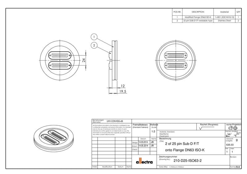 DN63ISO-K FLANGE, 2 x SUB-D 25-WAY FEEDTHROUGHS – Nano Vacuum Pty Ltd